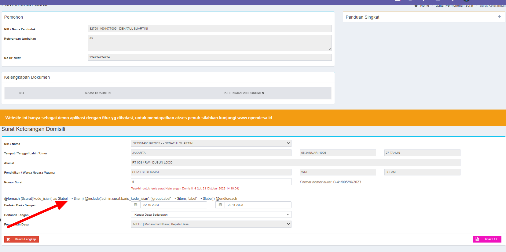 Bug/error: Ada koding php yang tampil pada permintaan surat melalui ...