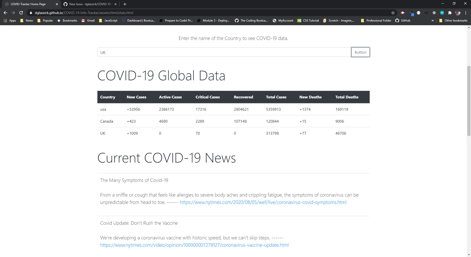 GitHub - dglassick/COVID-19-Info-Tracker