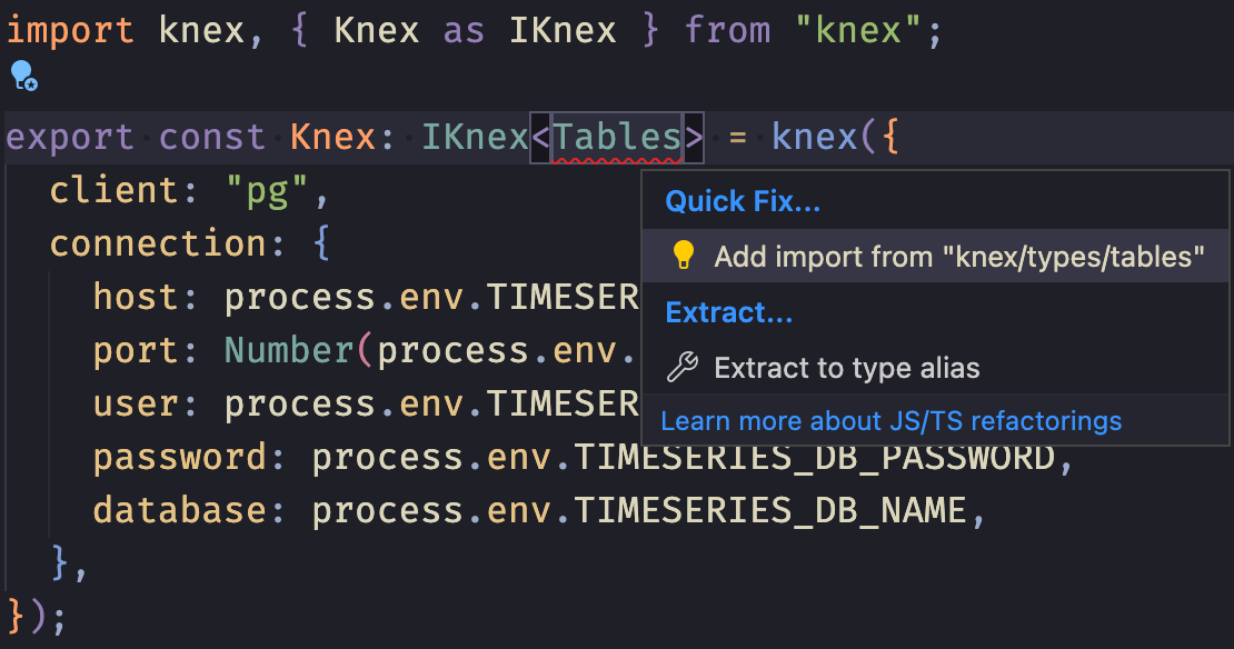 How do I import the interface `Tables` from the autogenerated module `knex/types/tables ...