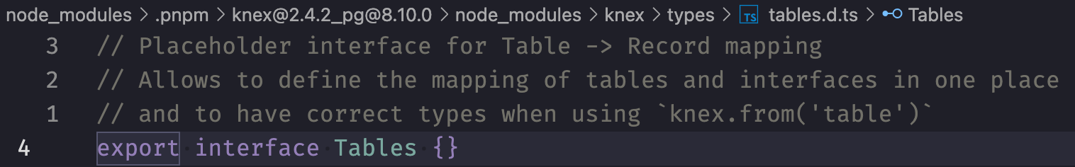 How do I import the interface `Tables` from the autogenerated module `knex/types/tables ...