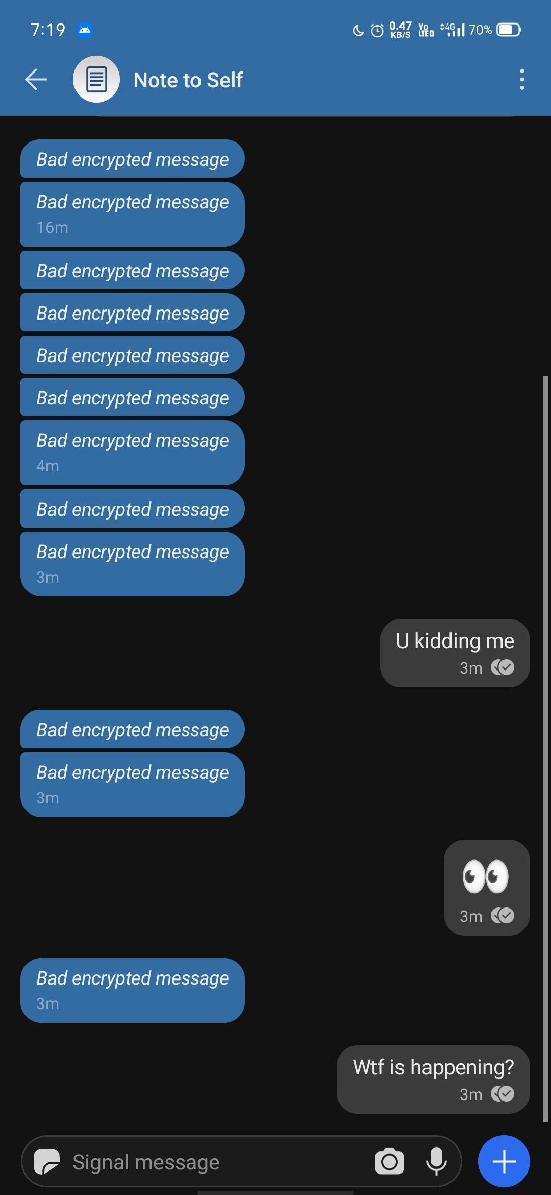 Getting "bad encrypted" messages · Issue #10139 · signalapp/Signal-Android · GitHub