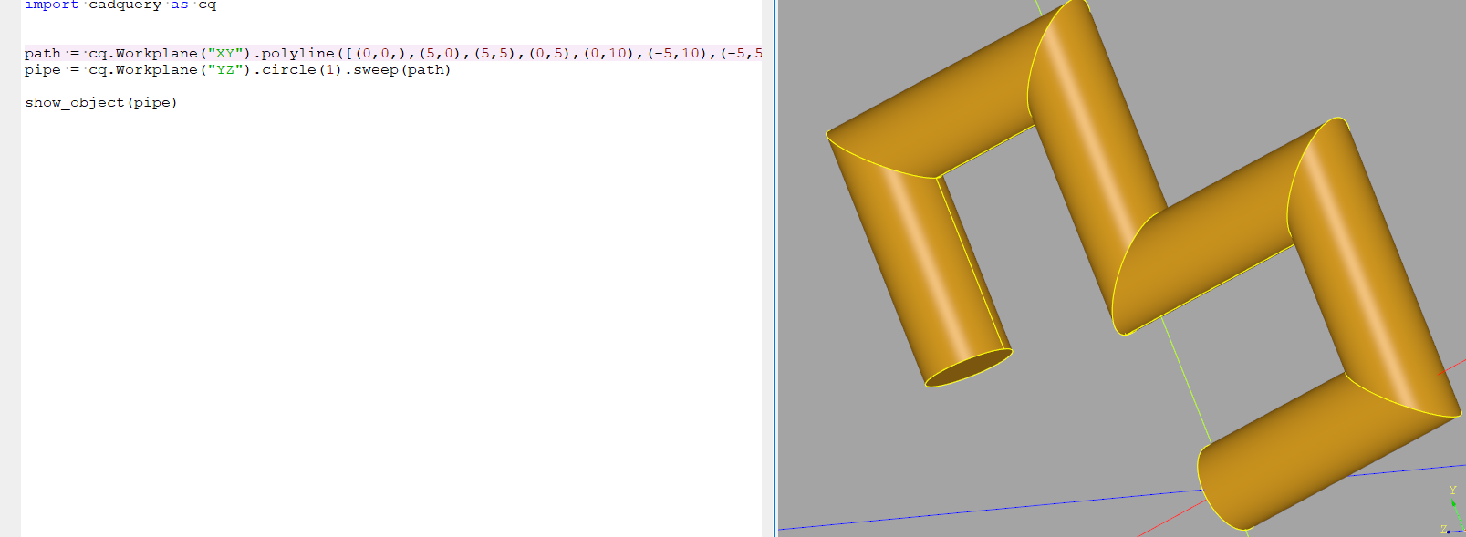 I want to use the pipeline function of cadquery to generate a model ...