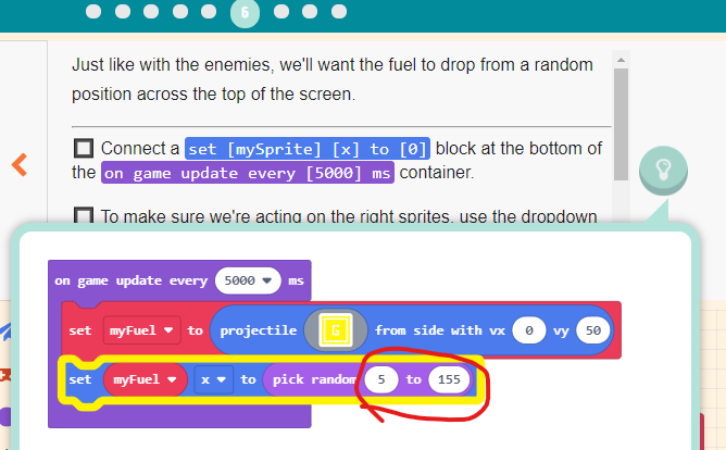 Skillmap: The hint not accurate for step 7 in "Fuel Up" · Issue #2778 · microsoft/pxt-arcade ...