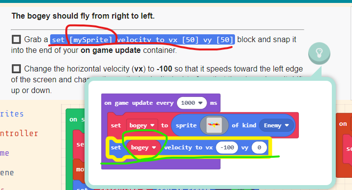 Galga: Lack of "change mySprite to bogey" content for step 8 · Issue #3155 · microsoft/pxt ...