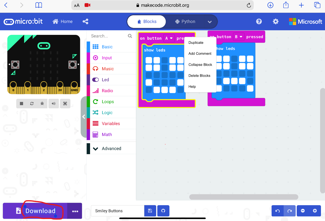 iPad: "Download" is also selected when clicking on block · Issue #4137 · microsoft/pxt-microbit ...