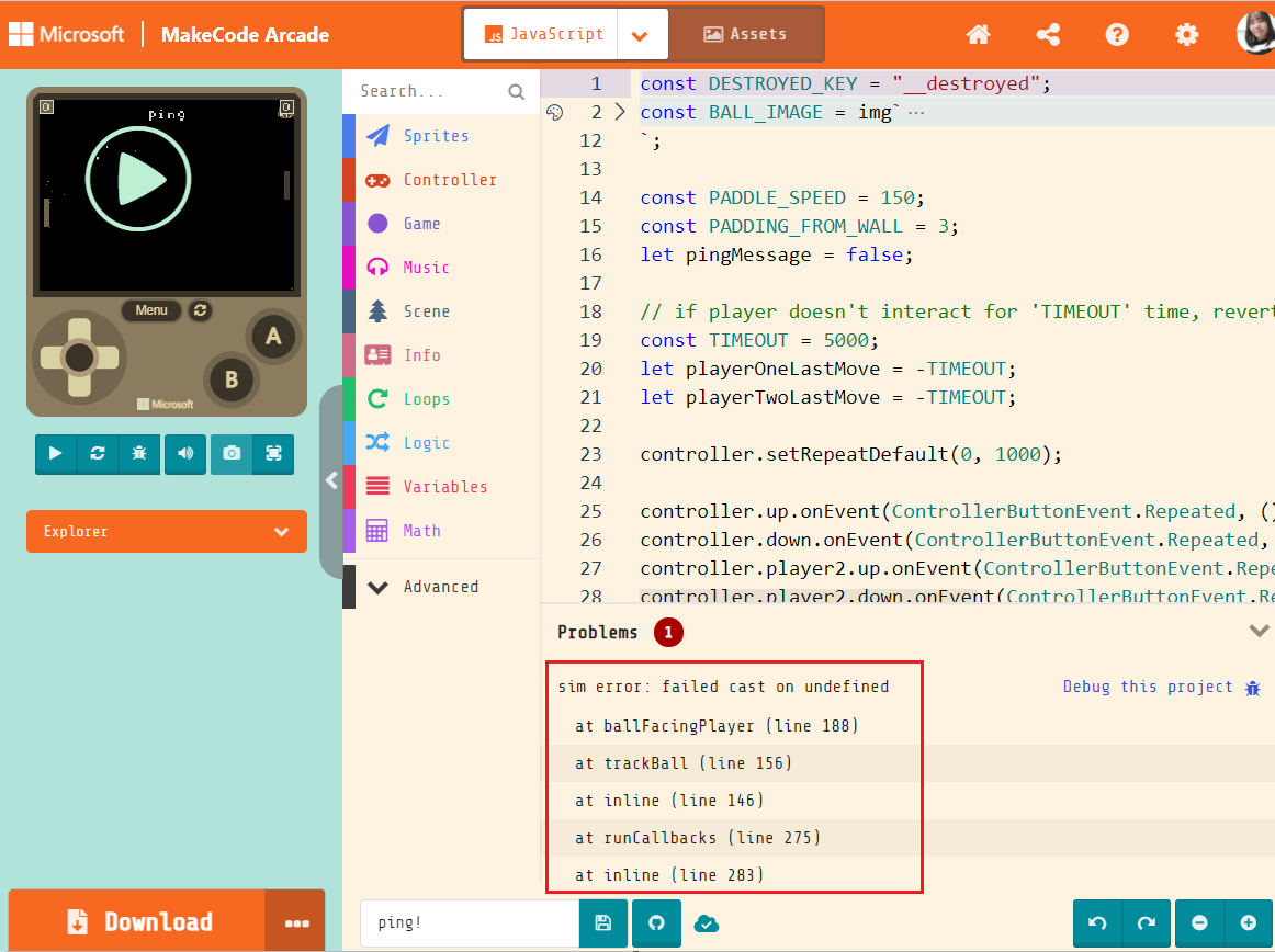 It shows error when you run the program of "Ping!" · Issue #3722 · microsoft/pxt-arcade · GitHub
