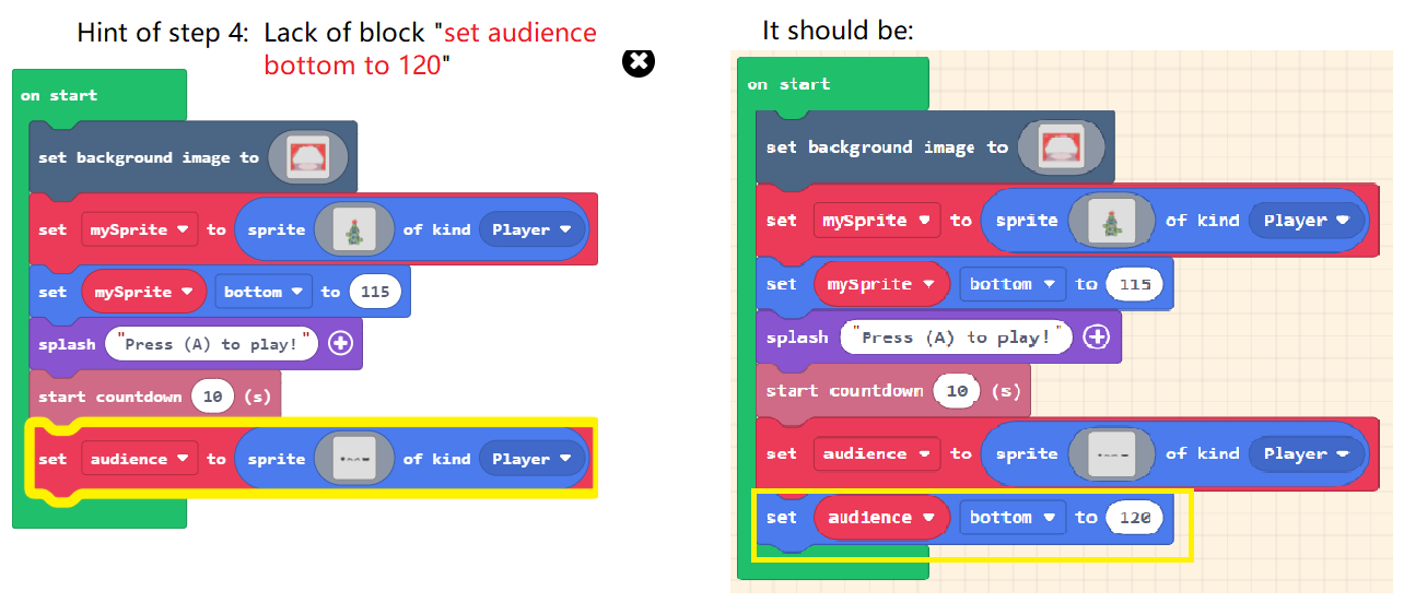 Join the Audience: Hint is not correct for step 4 · Issue #5655 · microsoft/pxt-arcade · GitHub