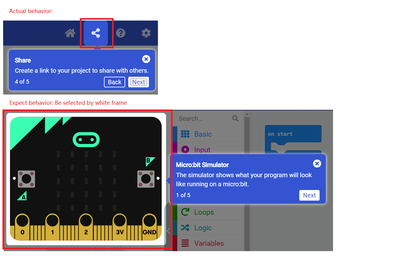 Tour: Share icon should be selected by white frame · Issue #5034 · microsoft/pxt-microbit · GitHub