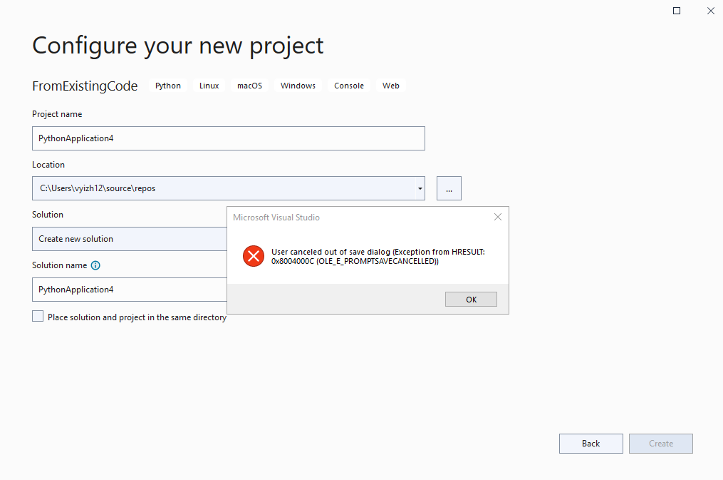 An error message pops up when creating a new project "From Existing Python code" · Issue #6621 ...
