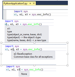 Type information display wrong and no completions for sys.exc_info with ...