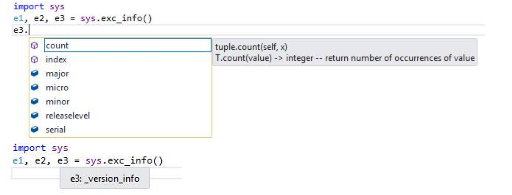Type information display wrong and no completions for sys.exc_info with ...
