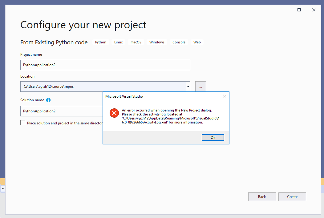 An error pops up when created an new project from existing. · Issue #6281 · microsoft/PTVS · GitHub