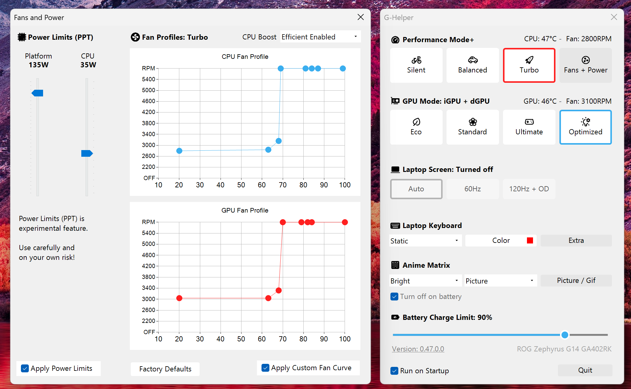 Zephyrus G14 2021 Selecting TURBO mode with a custom fan curve enabled causes fans to constantly ...