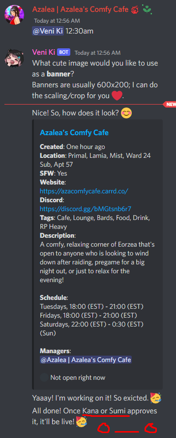 Venue creation says Kana or Sumi will approve instead of Kae of Calico · Issue #19 · FFXIVVenues ...