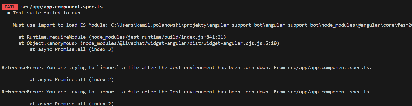 [Bug]: Jest encountered an unexpected token - no description how to handle angular 12 to 13 bump ...