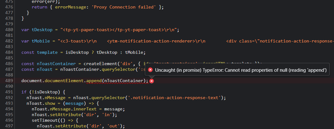 User script crashes during initialization when calling `document.documentElement.append ...