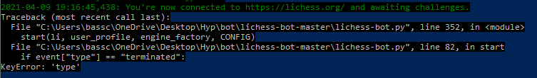 " if event["type"] == "terminated":" error whenever I run bot. · Issue #311 · lichess-bot-devs ...