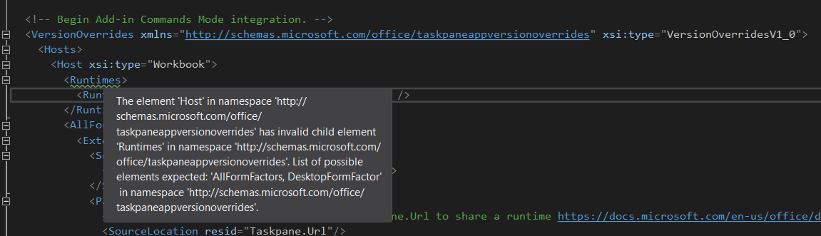 "Runtimes" section in TaskPaneApp section within VersionOverrides ...