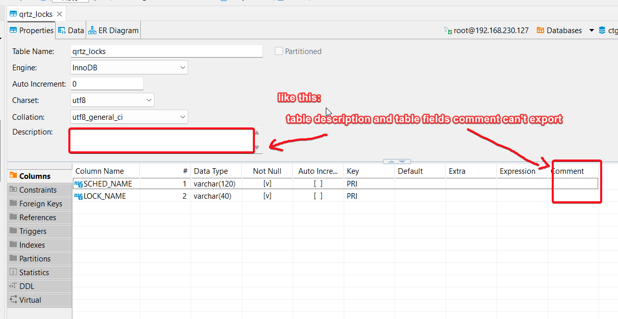 Table Description And Column Comments Are Lost When Export Table From A Db To B Db · Issue 