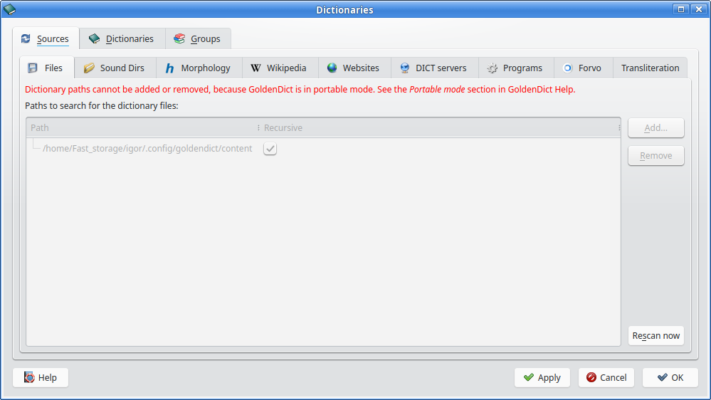 Goldendict in Portable mode disallows adding dictionaries search paths, relevant config file ...