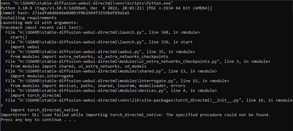 AMD GPU Version ( Directml ) Completely Failing to Launch - "importing torch_directml_native ...