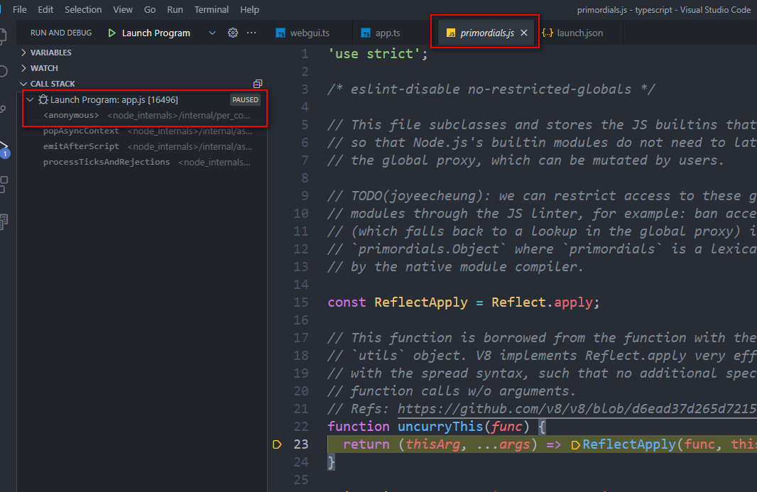 skipFiles in launch.json still hits one file at at the end of execution. usage with "Type Script ...