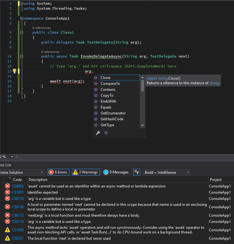 Awaiting methods or delegates cause code completion to fail when the ...