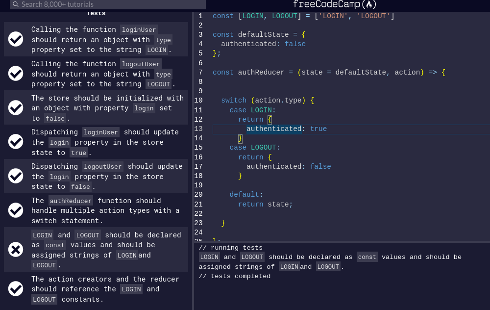 Tests are not passing when using new JS syntax (const [LOGIN, LOGOUT ...