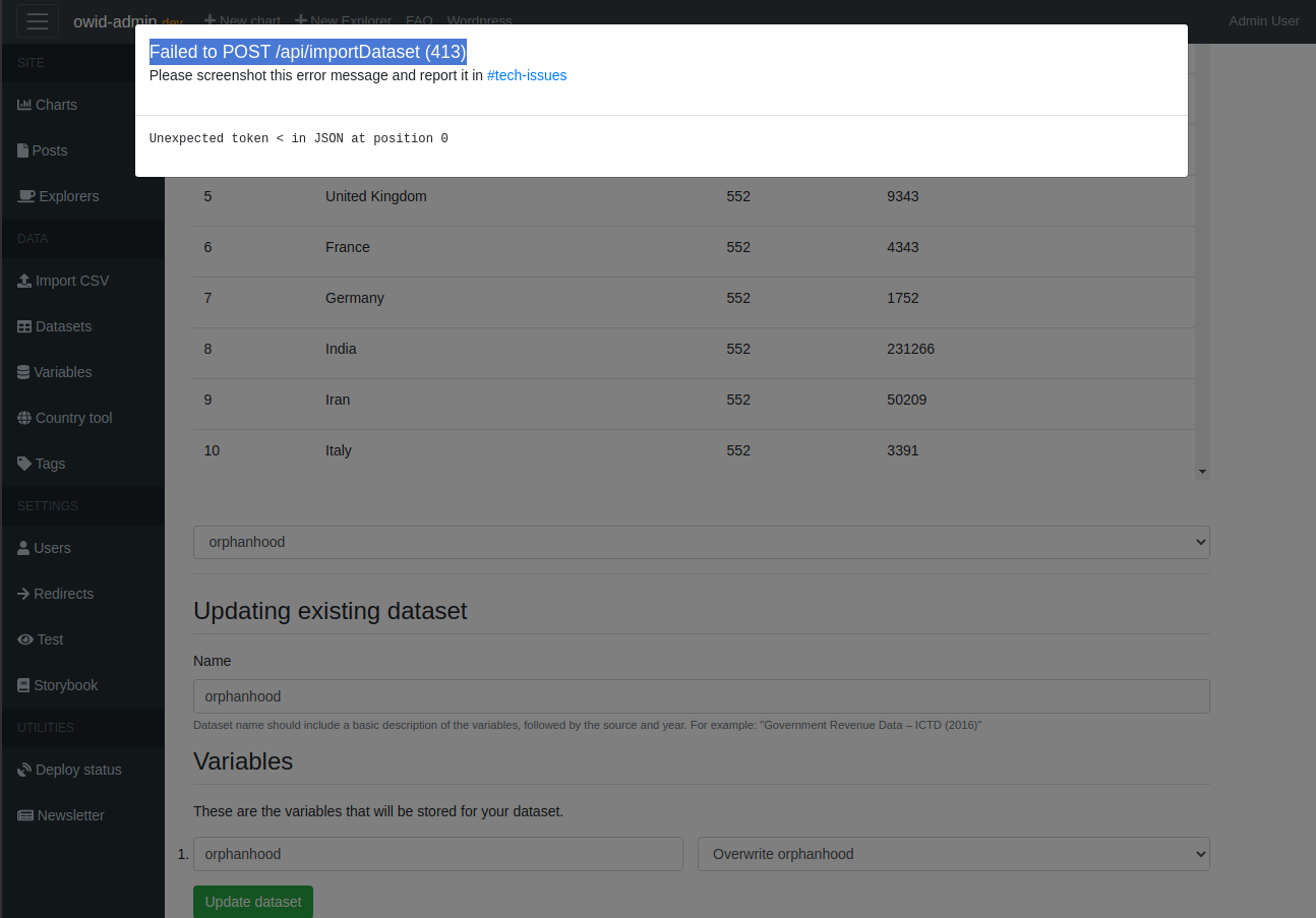 Failed to POST /api/importDataset (413) · Issue #976 · owid/owid-grapher · GitHub