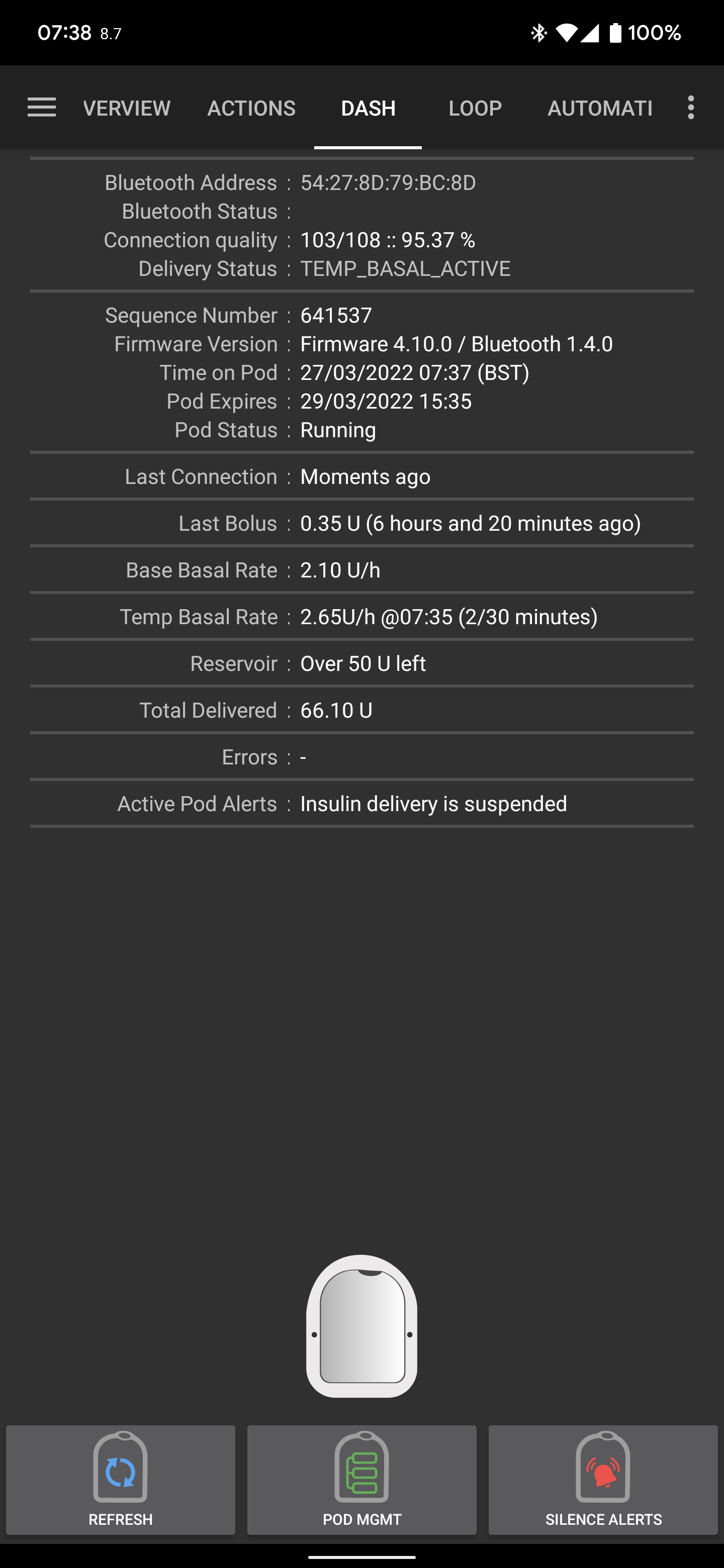 OmniPod Dash "Insulin delivery is suspended" notification shortly after updating pump time for ...