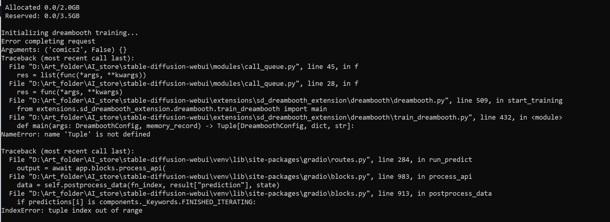 Errors when attempting to run dreambooth · AUTOMATIC1111 stable-diffusion-webui · Discussion ...