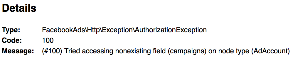 Tried accessing nonexisting field (campaigns) on node type (AdAccount) · Issue #436 · facebook ...