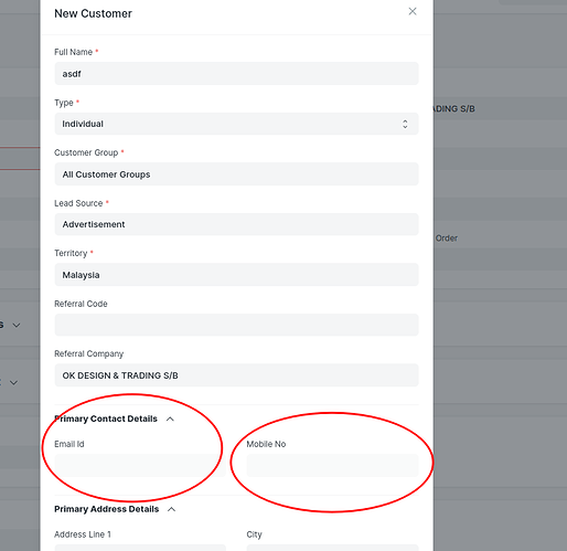 Customer Primary Contact Details Quick Entry Email Id And Mobile No Disabled Suddenly · Issue