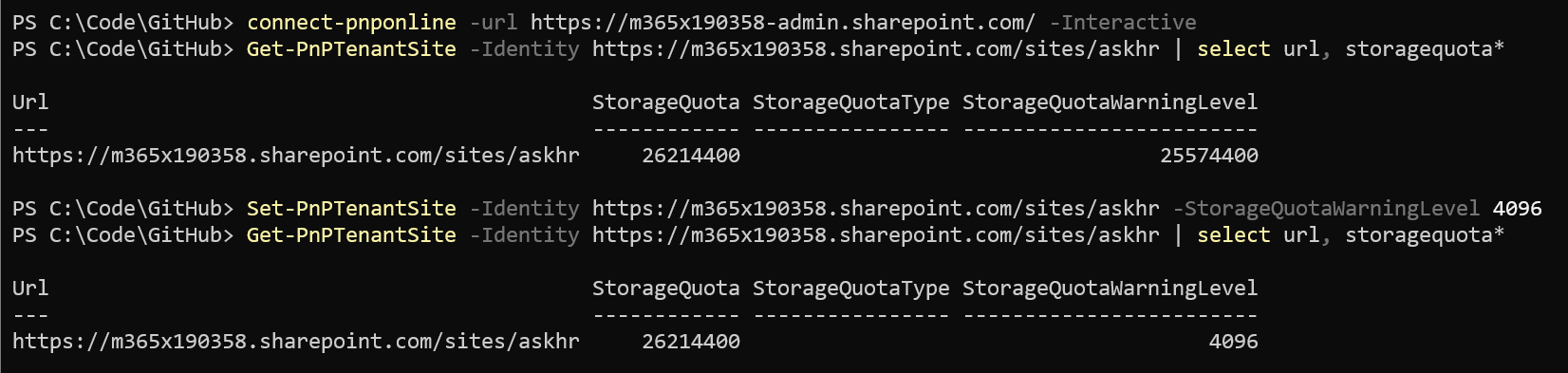 Set-PnPTenantSite Not setting value for StorageQuotaWarningLevel · Issue #795 · pnp/powershell ...