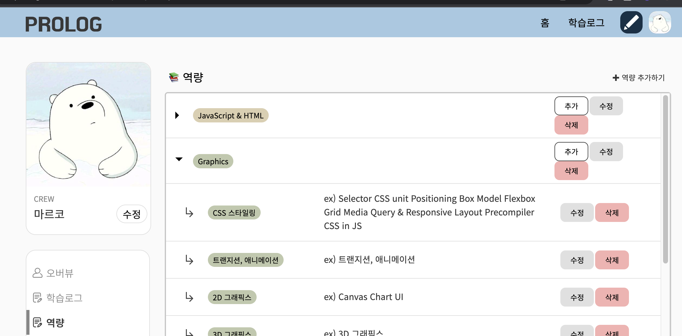 프로필 역량 페이지에서 추가, 수정, 삭제 버튼이 한 줄에 표시되도록 UI 개선 · Issue #827 · woowacourse/prolog · GitHub