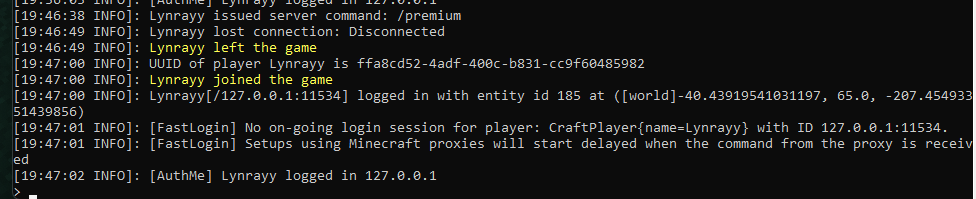[18:27:32 INFO]: [FastLogin] No on-going login session for player: CraftPlayer{name=Lynrayy ...