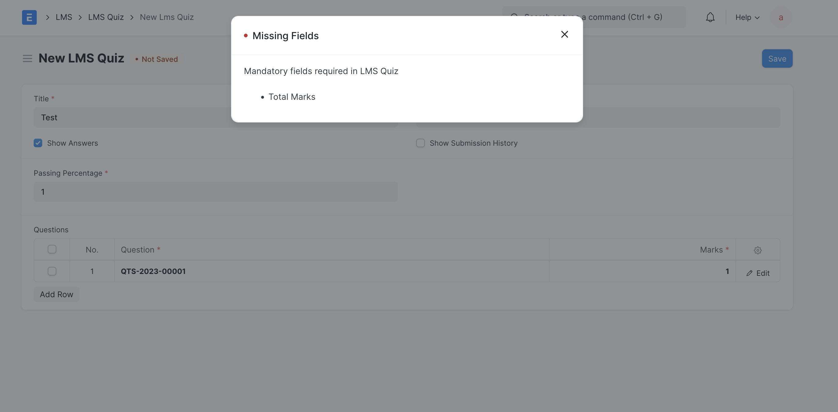 Couldn't save LMS Quiz as Total Marks is Missing Fields with recent changes to LMS Quiz. · Issue ...