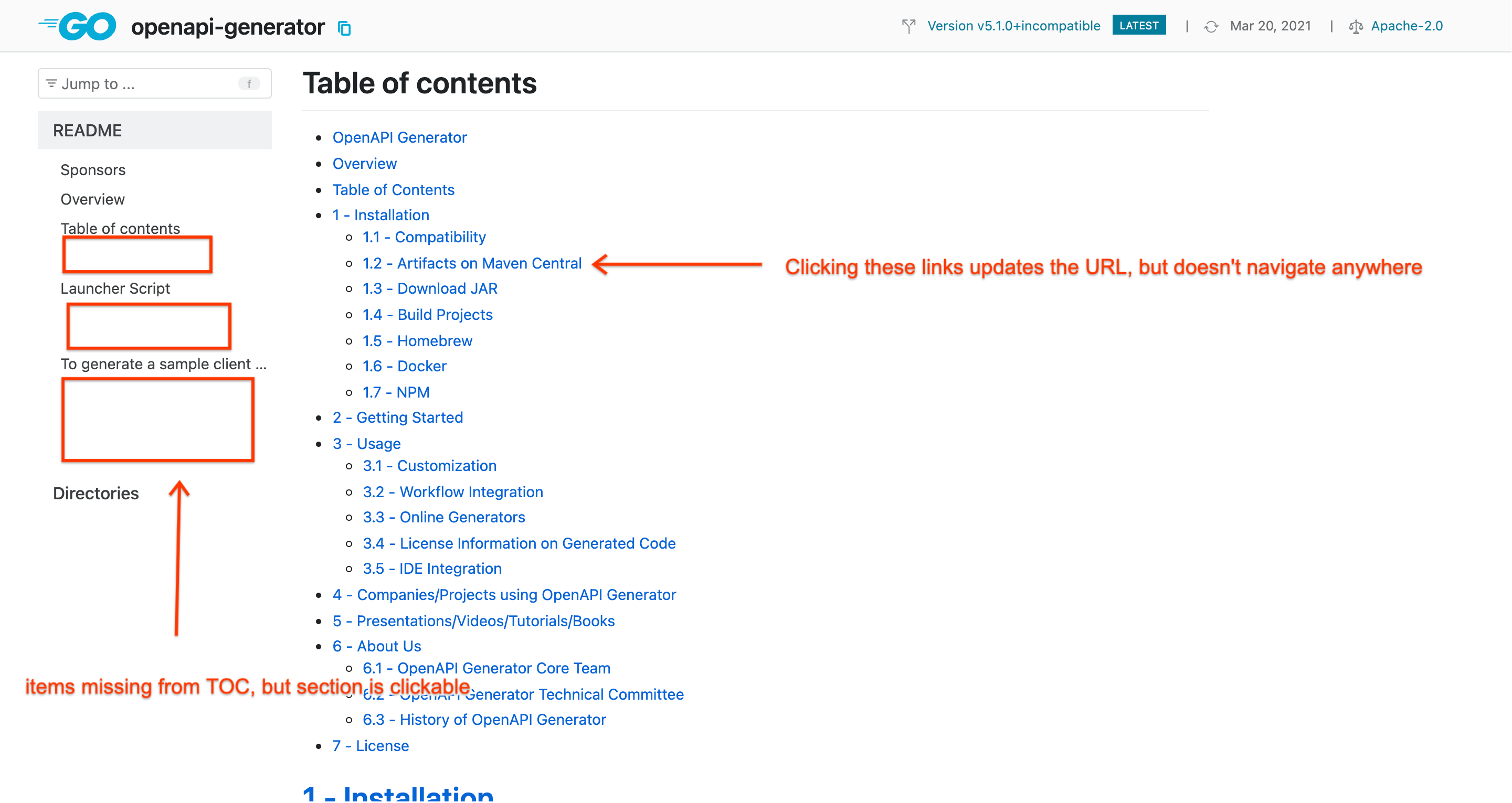 x/pkgsite: items not displayed in TOC for README but are clickable · Issue #45164 · golang/go ...