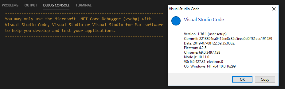 .NET Debugging is supported only in Microsoft versions of VS Code error in VS Code 1.36.0 ...