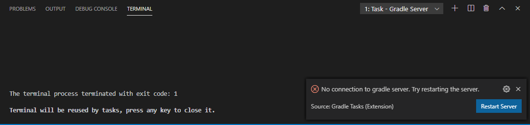 No connection to the gradle server. Try restarting the server. · Issue #137 · microsoft/vscode ...