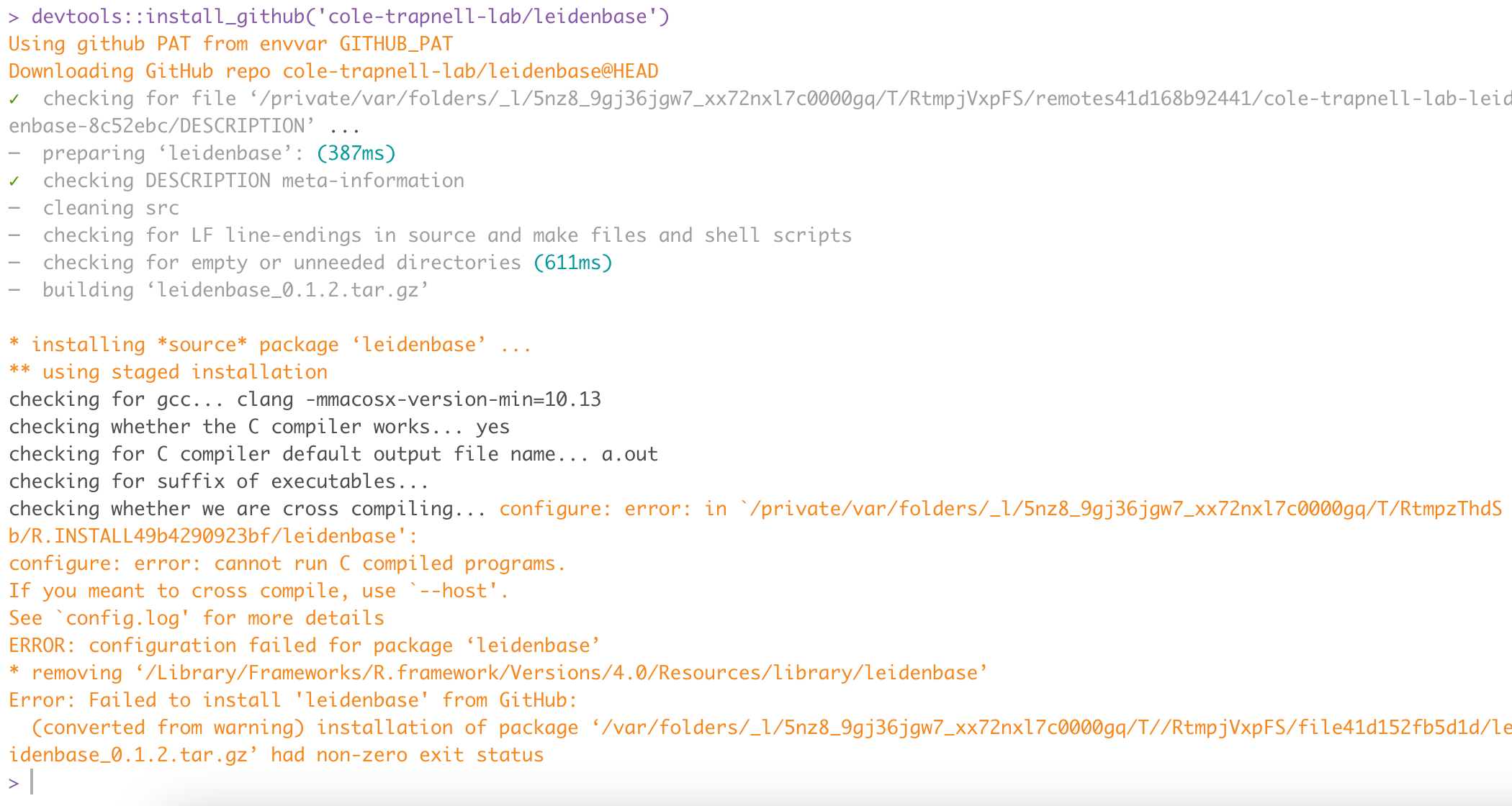 Unable to install leidenbase on Mac OSX Big Slur 11.1 · Issue #23 · cole-trapnell-lab/leidenbase ...