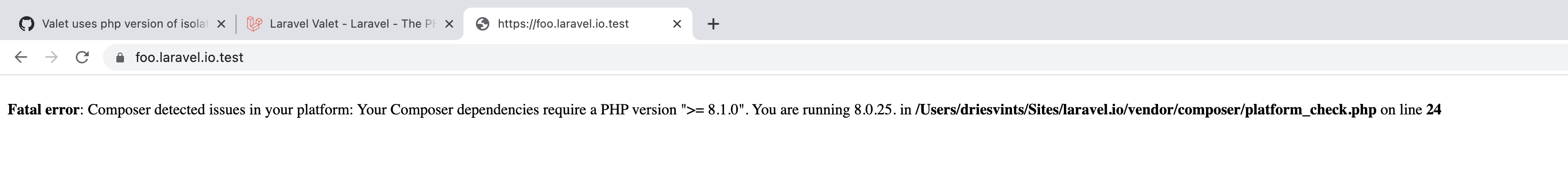 Valet uses php version of isolated domain, while subdomain has to run on the default PHP version ...
