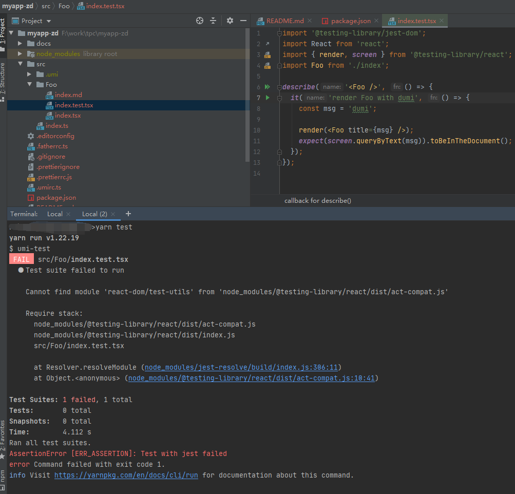 请问 新创建的项目 单元测试运行失败是什么情况 · Issue 1222 · Umijsdumi · Github 