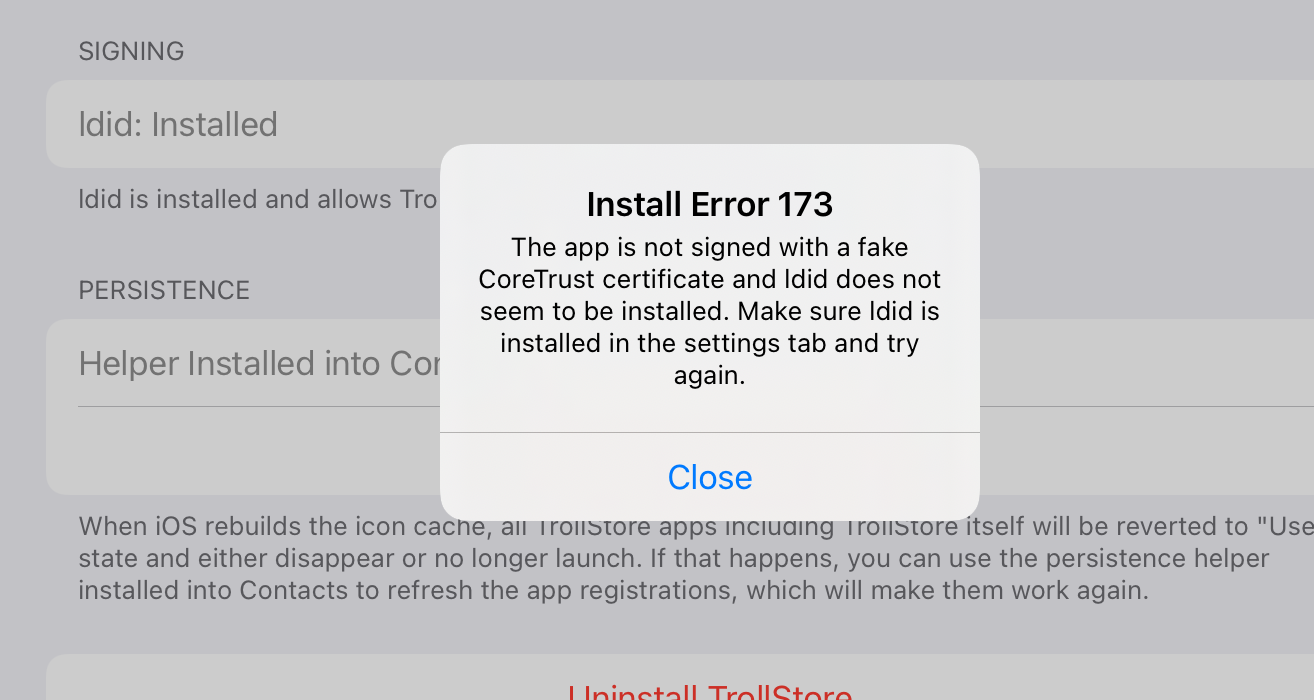 Install Error 173 when installing apps on iPad 9, iOS 15.1 · Issue #87 · opa334/TrollStore · GitHub