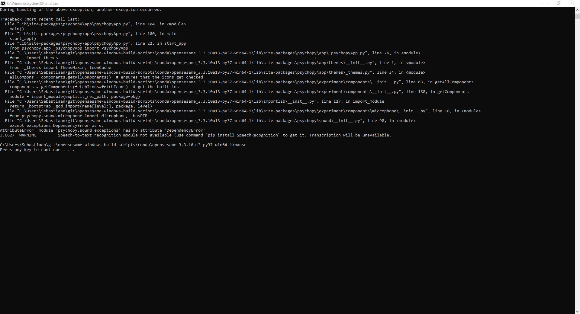 Error when missing sound dependencies: psychopy.sound.exceptions has no ...