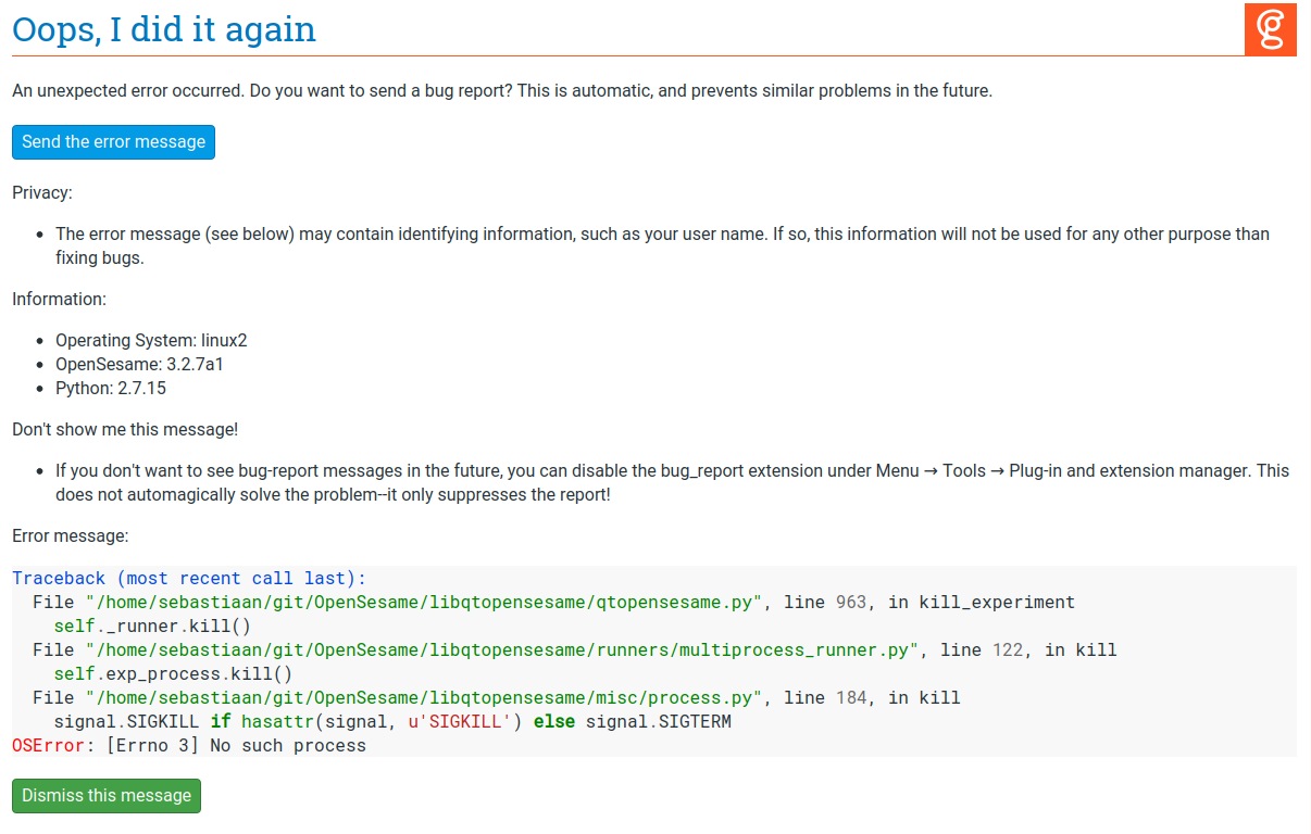Killing a killed experiment triggers Exception · Issue #652 · open-cogsci/OpenSesame · GitHub