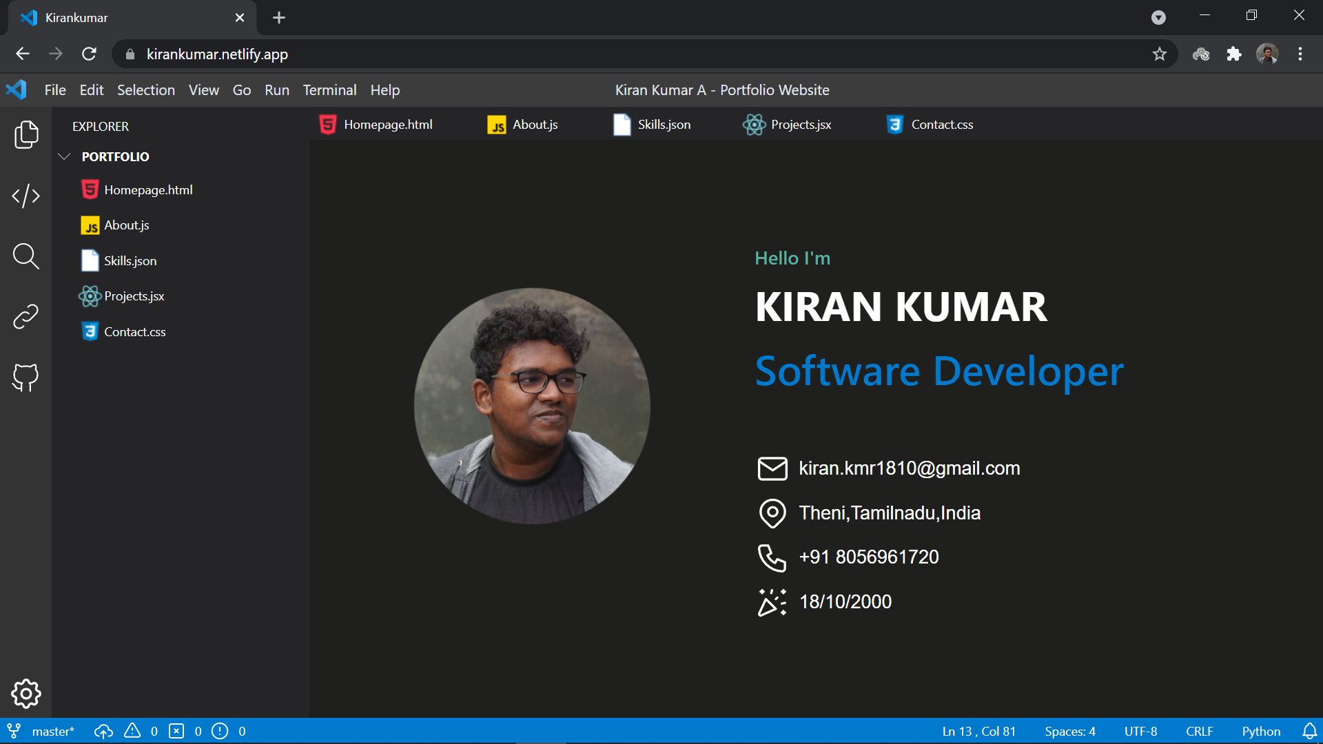 GitHub - kiran-kmr1810/portfolio: portfolio with VScode theme