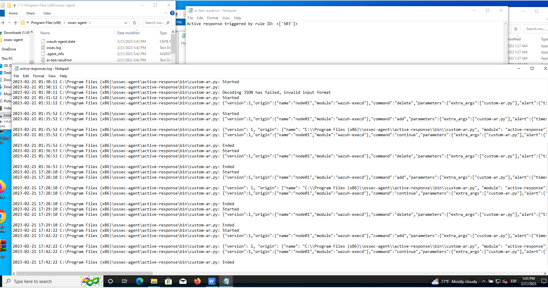 No active response alerts on Wazuh server after running custom active response script on Windows ...