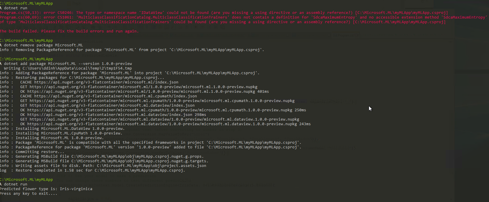 'MulticlassClassificationCatalog.MulticlassClassificationTrainers' does not contain a definition ...