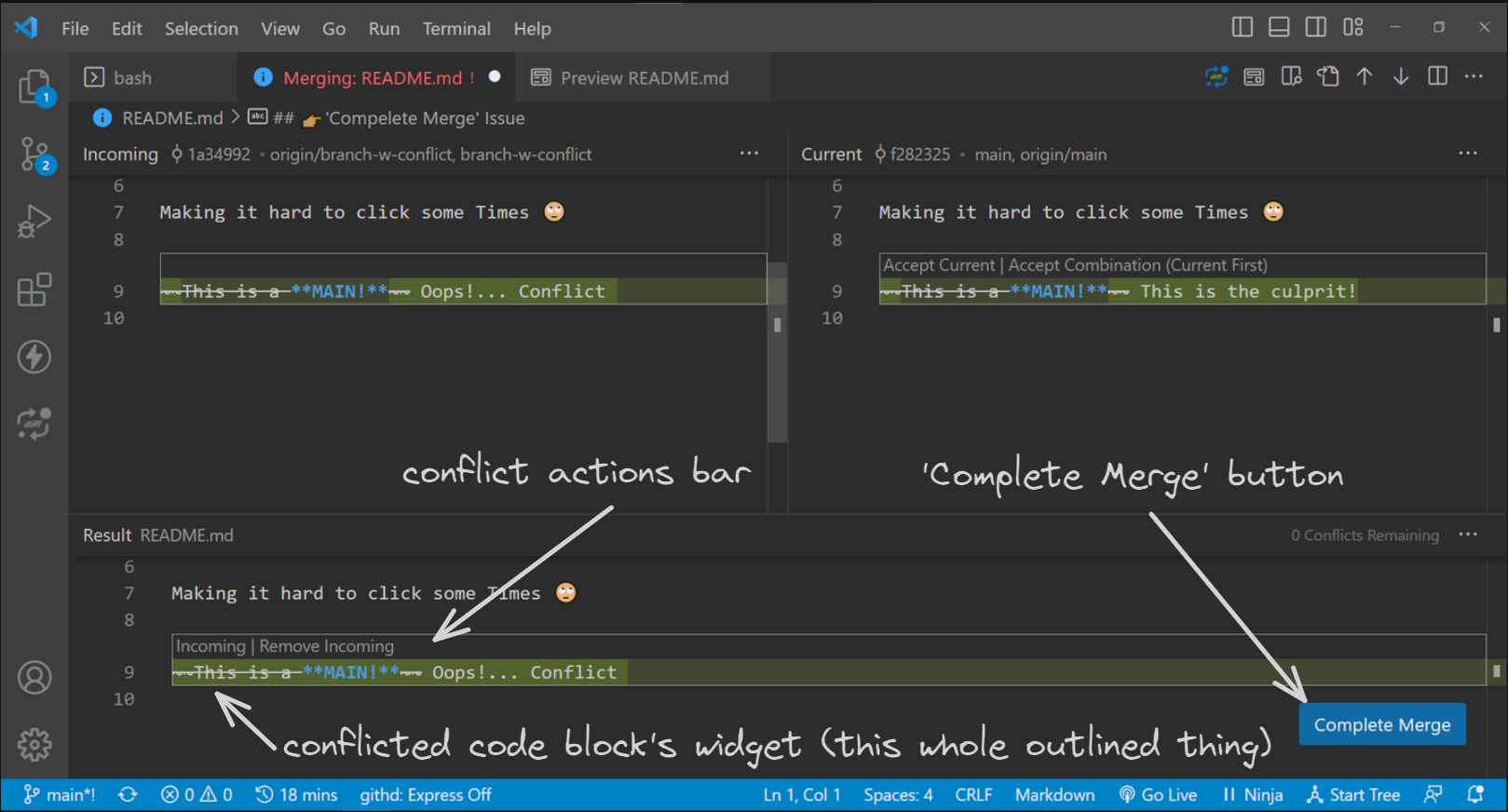 Bug Complete Merge Button Is Getting Overshadowed By Conflict Actions Bar · Issue 184567 